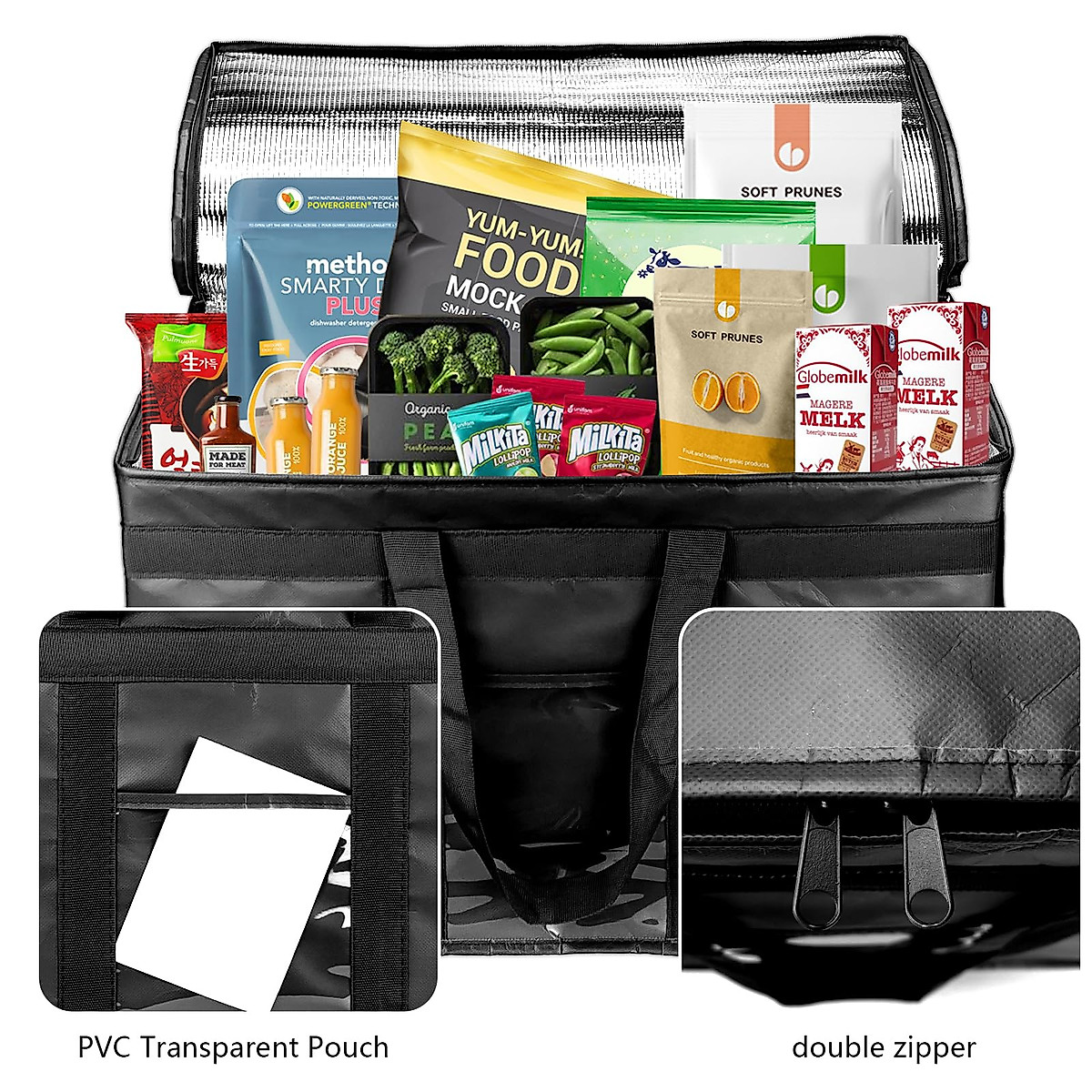 XXXL Large Insulated Cooler Bag, Double Zipper Food Delivery Bag, Styrofoam Cooler of Keep Food Cold or Hot, Easy to Clean, Ideal for Professional Food Groceries Delivery Restaurant(Black, 3XL)