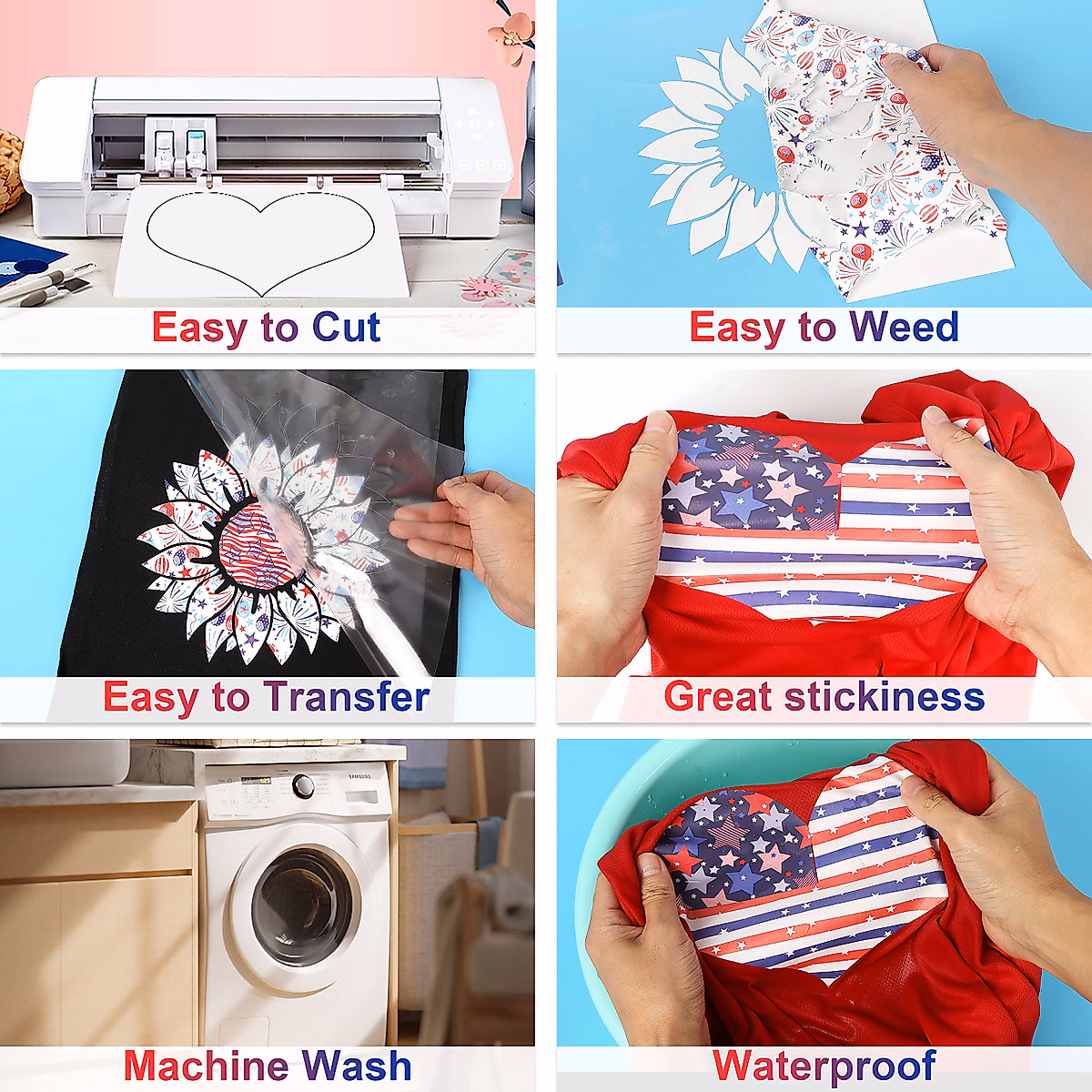 4th of July HTV Vinyl Bundle: Patriotic Heat Transfer Vinyl Red White Blue HTV Iron on Vinyl 10 Pack 12x10 Inch American Flag Pattern Sheets for Cricut