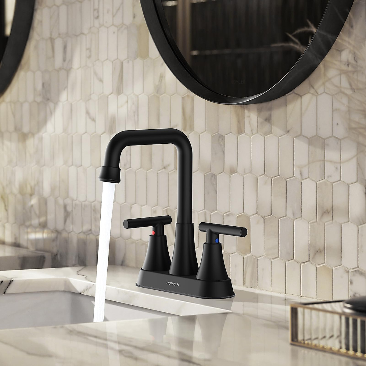 Matte Black Bathroom Sink Faucet, Hurran 4 inch Bathroom Faucets for Sink 3 Hole with Pop-up Drain and Supply Lines, Stainless Steel 2-Handle Centerset Faucet for Bathroom Sink Vanity RV Restroom