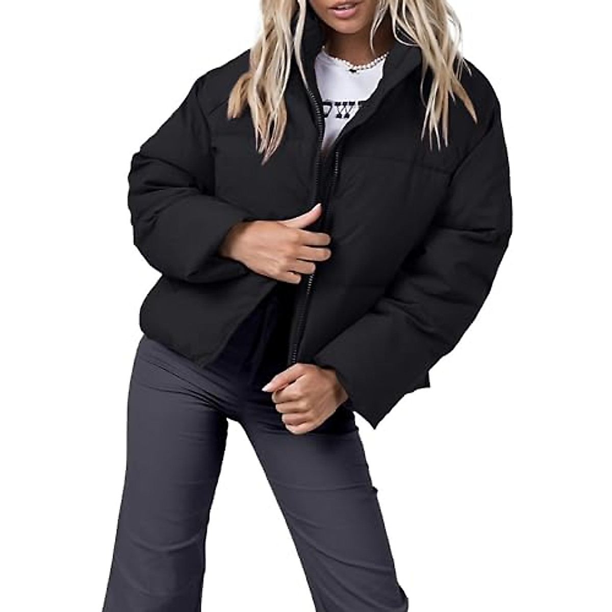 Womens Winter Puffer Jacket Cropped Long Sleeve Zip Up Baggy Short Down Coats with Pockets Black M