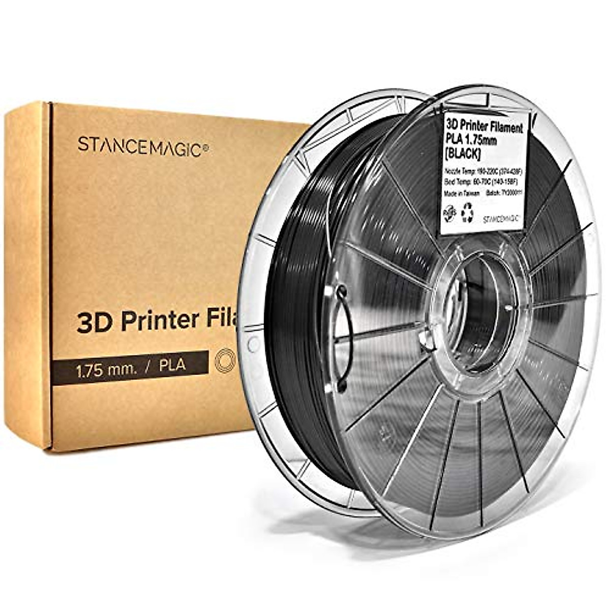 StanceMagic Black 3D Printer Filament 1.75mm PLA for 3D Printers, FDM Printers, 3D Pens, 0.8kg (1.75lbs) Pack