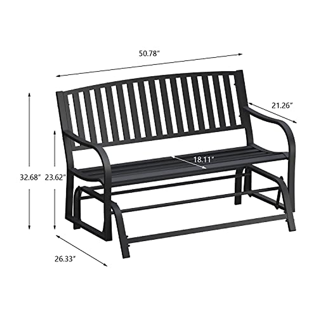 2-Person Outdoor Patio Glider Bench for Outside, Benches Swing Rocking Metal Loveseat Coated Steel Frame Porch Furniture Weatherproof Garden Backyard，Black, 2ZWQ03