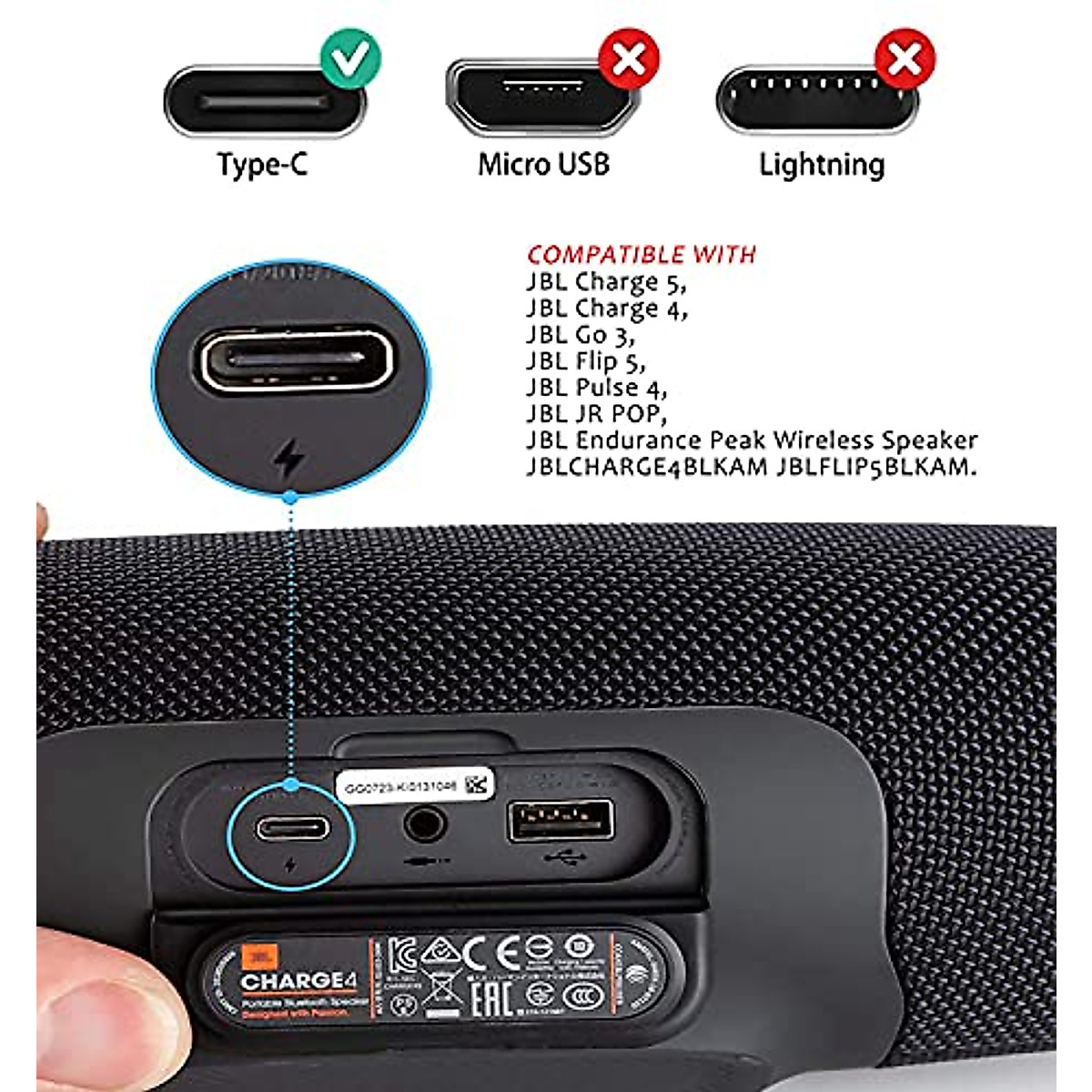 Replacement Charging Power Supply Cable Cord Line for JBL Charge 4, JBL Flip 5, JBL Pulse 4, JBL JR POP, JBL Endurance Peak Wireless Speaker