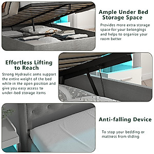 Loomie Full Lift Up Bed Frame with Charging Station & LED Lights, Upholstered Bed with Button Tufted Wingback Storage Headboard, Hydraulic Storage, No Box Spring Needed, Wood Slats Support,Light Grey