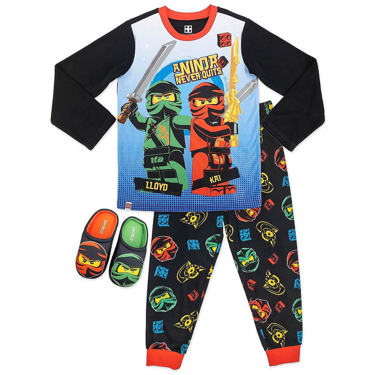 LEGO Ninjago Boys Pajama Set, Kai & Lloyd with Matching Cozeez Slippers, Black, Size 4/5