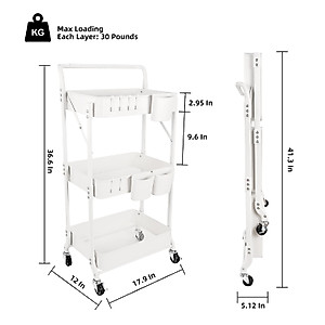 3-Tier Folding Rolling Utility Cart with Wheels, Foldable Storage Cart Organizer with 3 Hanging Cups & 6 Hooks for Kitchen, Office, Living Room, Nursery(White)