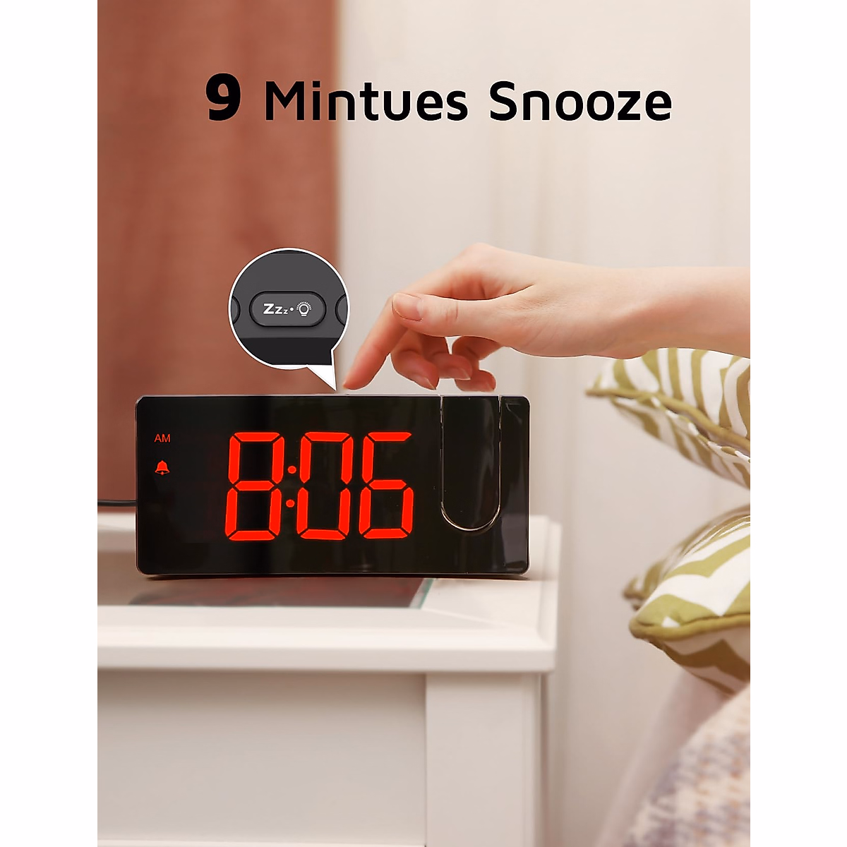 GOLOZA Projection Alarm Clock, Digital Clock with Modern Curved Design 180° Rotatable Projector, 3-Level Brightness Dimmer, Clear Red LED Display, Progressive Volume, 9mins Snooze,12/24H, for Bedroom