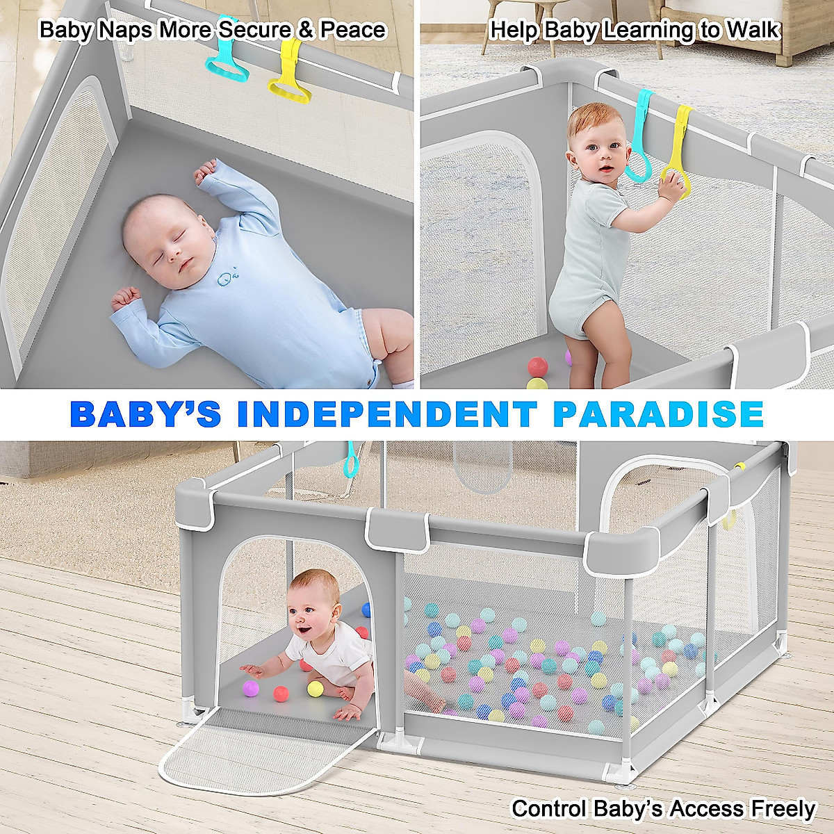 Baby Playpen, Playpen for Babies with Breathable Mesh and Zipper Gates, Indoor & Outdoor Play Pens for Kids Activity Center with Anti-Slip Base, Sturdy Safety Playpen, Kid's Fence for Infants