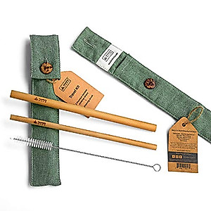Bamboo Step - Bamboo Straw travel kit - SIGNATURE LINE: 2 Reusable Luxury straws of 20cm/7.9" and a cleaning brush is a design fabric pouch. (Color Khaki Green)