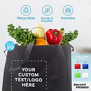DISCOUNT PROMOS Custom Jumbo Sized Tote Bags Set of 50, Personalized Bulk Pack - Reusable Grocery Bags, Shopping Bags, Promotional Item Totes for Women - Black