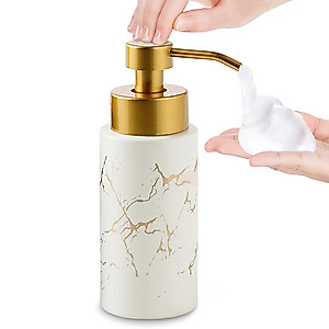 Marble Soap Dispenser, Ceramic Foam Soap Dispenser with Rust Proof Golden Pump (White)