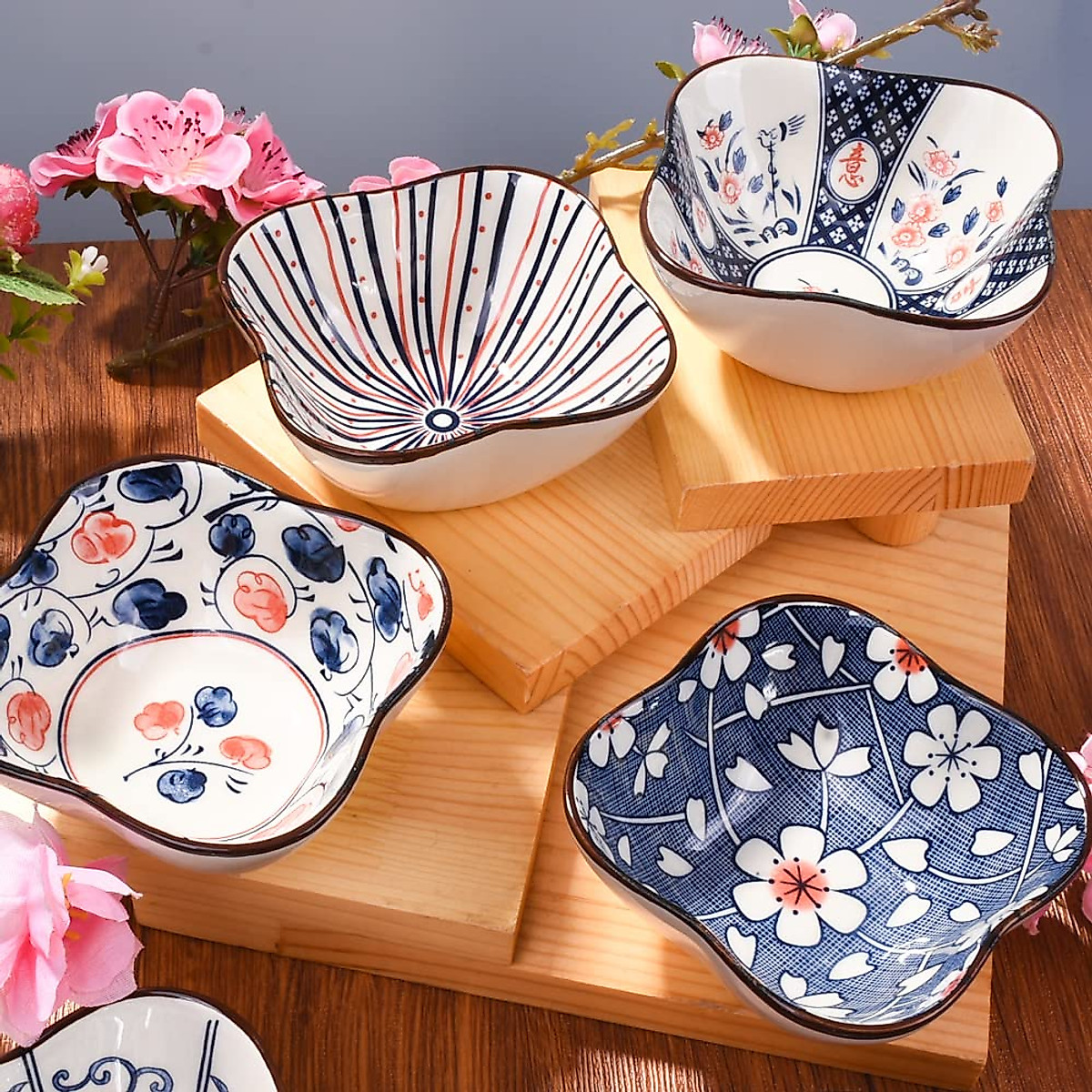 BOSILI Sauce Bowl Set of 6-4 OZ Sauce Plate, 6 Different Pattern Dipping Bowls/Dish, Mini Small Bowls for Soy Sauce, Ketchup, Condiments, Salad Dressing, Spices