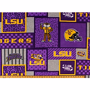 Fleece Louisiana State University Tigers Football Purple Squares College Team Sports Fleece Fabric Print By the Yard (LSU-1177)