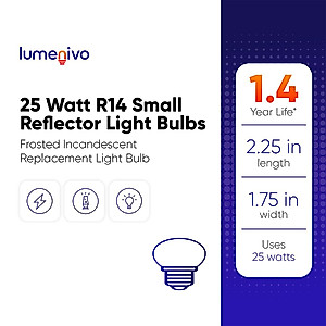 lumenivo 25 Watt R14 Small Reflector Light Bulbs - 120/130 Volt E26 Short Neck Base Replacement Frosted Incandescent Lava Lamp Flood Light Bulbs - 2500K China Cabinet Light Bulbs - 2 Pack
