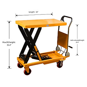 APOLLOLIFT Hydraulic Lift Table, 1100lbs Capacity 35.4" Lifting Height, Single Scissor Lift Table Cart with 4 Wheels and Safety Back Guard for Material Handling and Transportation