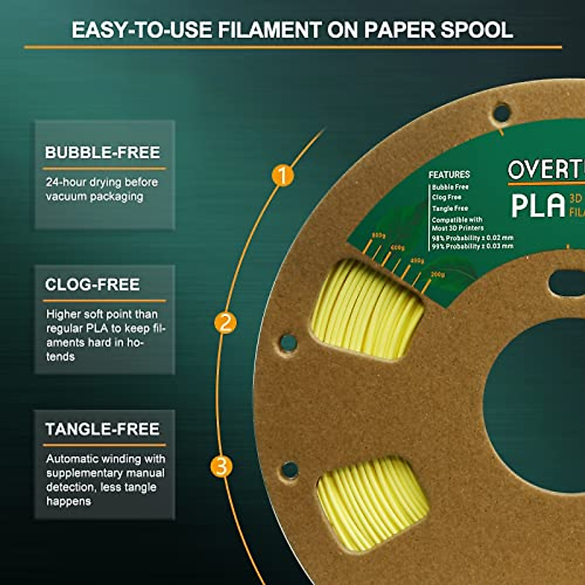 OVERTURE PLA Filament 1.75mm PLA 3D Printer Filament, 1kg Cardboard Spool (2.2lbs), Dimensional Accuracy +/- 0.03mm, Fit Most FDM Printer (Light Yellow)
