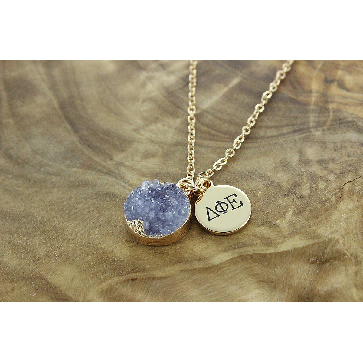 Sorority Shop DPE Necklace - Delta Phi Epsilon Purple Druzy Gemstone Necklace With Engraved Pendant – 14K Gold Dipped Jewelry with Purple Gemstone – Sorority Gift, Charm Paraphernalia