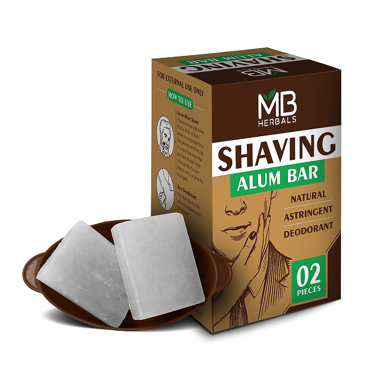 MB Herbals Shaving Alum Block 3.5 oz x 2 Pcs | Pack of 2 Alum Blocks 100G Each | Potassium Shaving Alum Block Bar 3.5 oz x 2 | No Fragrance | Stops Bleeding Minor Nicks Cuts After Shave