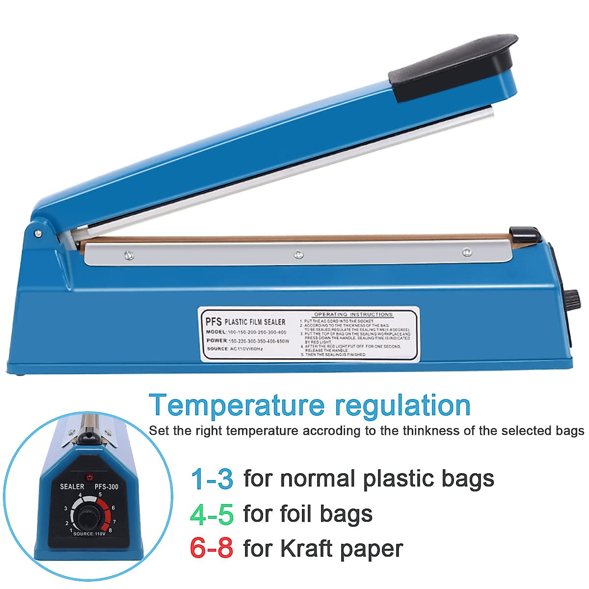 12 Inch Impulse Heat Sealer Machine, Cookie Bag Sealer for Plastic Mylar PE PP Bags and Kraft Paper Bags, Manual Poly Bag Hot Seal Sealing Machine with Extra Replace Element Grip