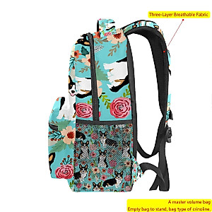 Vijiuko School Bag Girls Boys Backpack Lovely Corgi Flowers Student Shoulder Book Bag Boy Girl Lightweight Durable Middle Elementary College Bags Satchel Travel Bag Hiking Camping Daypack