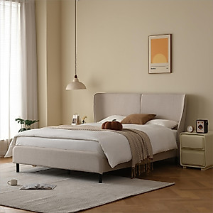 PINJU Queen Upholstered Platform Bed with Wingback Rounded Headboard, Solid Wood Slat Support, Easy to Assemble and No Noise Free (QUEEN, Beige)