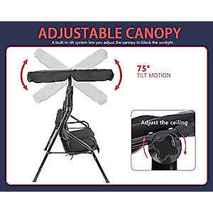 Patio Swing with Canopy Backyard Swing Outdoor Swing Chair with Adjustable Tilt Canopy Removable Cushions Stable Frame Comfortable Armrests for Patio Outdoor Backyard Garden Black
