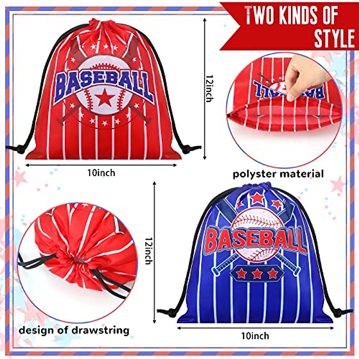 12 Packs Baseball Bag Baseball Drawstring Bag Baseball Party Favors Baseball Gift Bag Baseball Goodie Bags Gift Wrap Bags for Kids Sport Theme Birthday Decorations, 9.84 x 7.87 Inches, Blue and Red