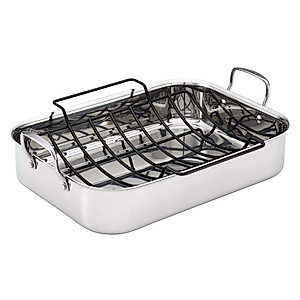 Anolon Triply Clad Stainless Steel Roaster / Roasting Pan with Rack - 17 Inch x 12.5 Inch, Silver