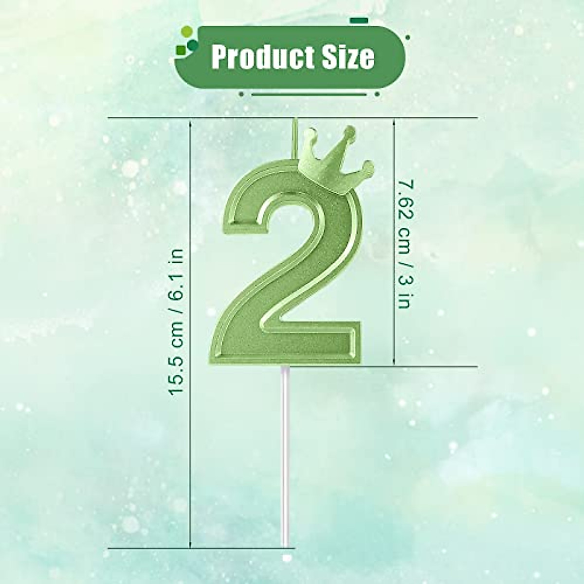 3inch Birthday Number Candle, 3D Candle Cake Topper with Crown Cake Numeral Candles Number Candles for Birthday Anniversary Parties (Green, 2)