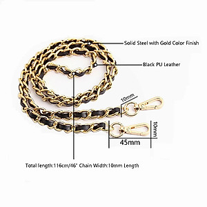 BlitzBite 46" Synthetic Leather Metal Chain-Purse Chain Strap Leather Iron Flat Chain-Cross Body Replacement Shoulder Strap-Black Leather Silver Hardware-for Shoulder,Clutches,Wallets,Camera Bag