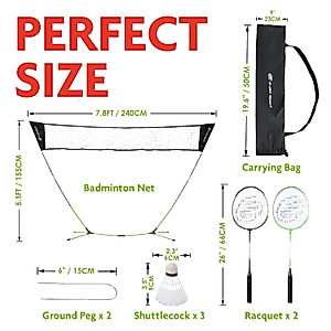 E-Jet Badminton Net Rackets Shuttlecocks Combo Set - Portable & Instant Setup (Backyard Fun, Beach Park Picnic Outdoor Games), Green, 5.1 x 7.8Ft, (EOB72740)