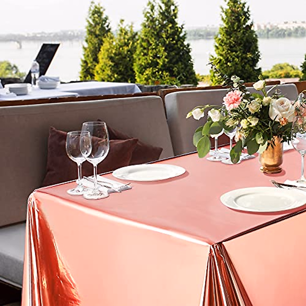Foil Party Rectangular Table Covers Table Cloth 54 x 108 Inch Shiny Plastic Waterproof Tablecloth Party Table Cover for Wedding Anniversary Engagement Party (Rose Gold, 3 Pieces)