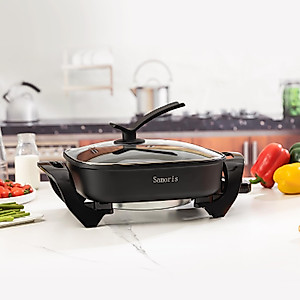 Samoris Non-stick Electric Skillet with Glass Vented Lid, 17inch x 12inch(5 Quart) Frying Pan,Adjustable Temperature, Cool Touch Handles, Quick Even Heating,Scratch Resistant,1500W, Black