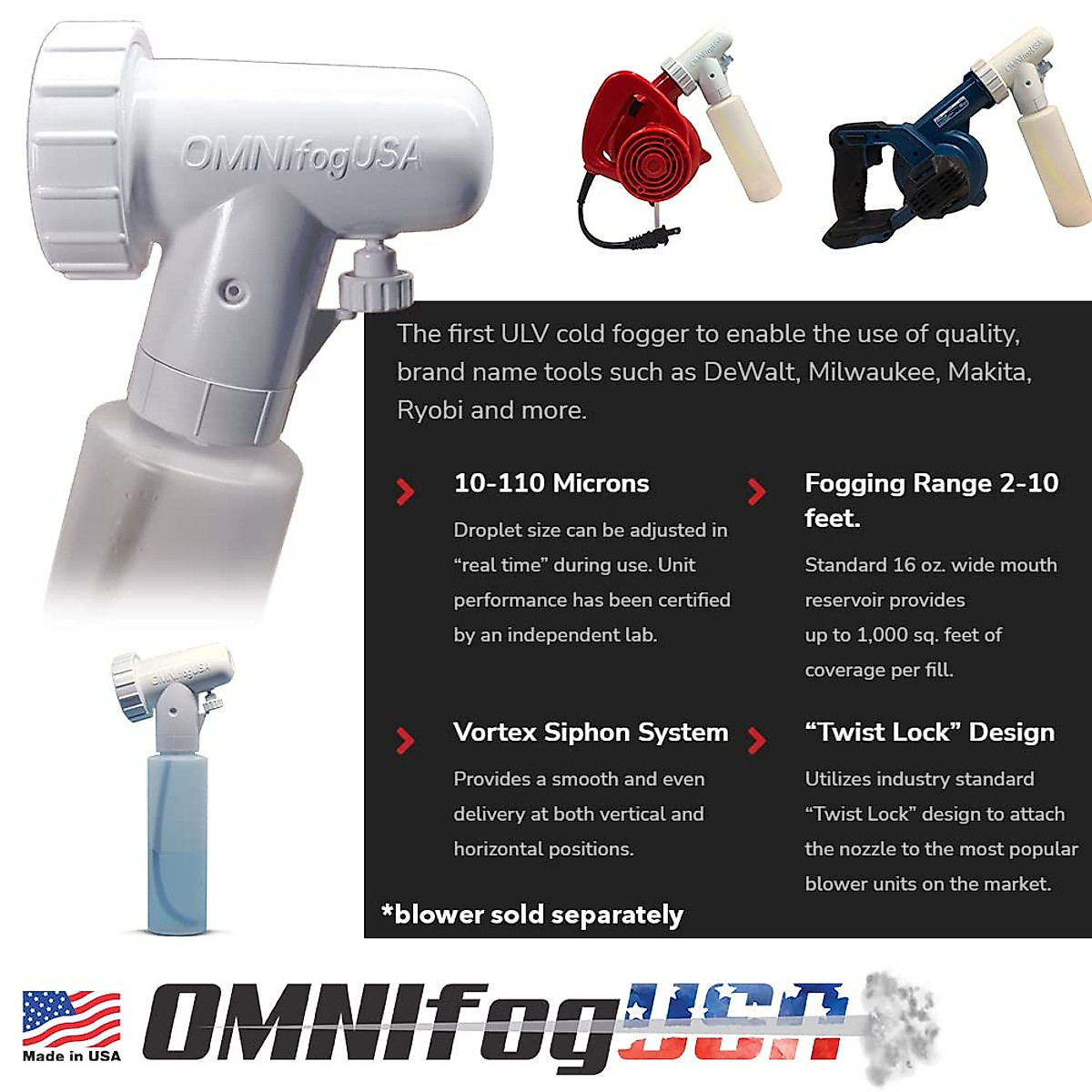 OmniFog ULV Cold Fogger – Adapter for Milwaukee, Makita, Ryobi, Bosch, and Most Major Brand Blowers – Adjustable 10-110 Micron Mister Fog, Fertilize or Clean (16 OZ Adapter & Reservoir)