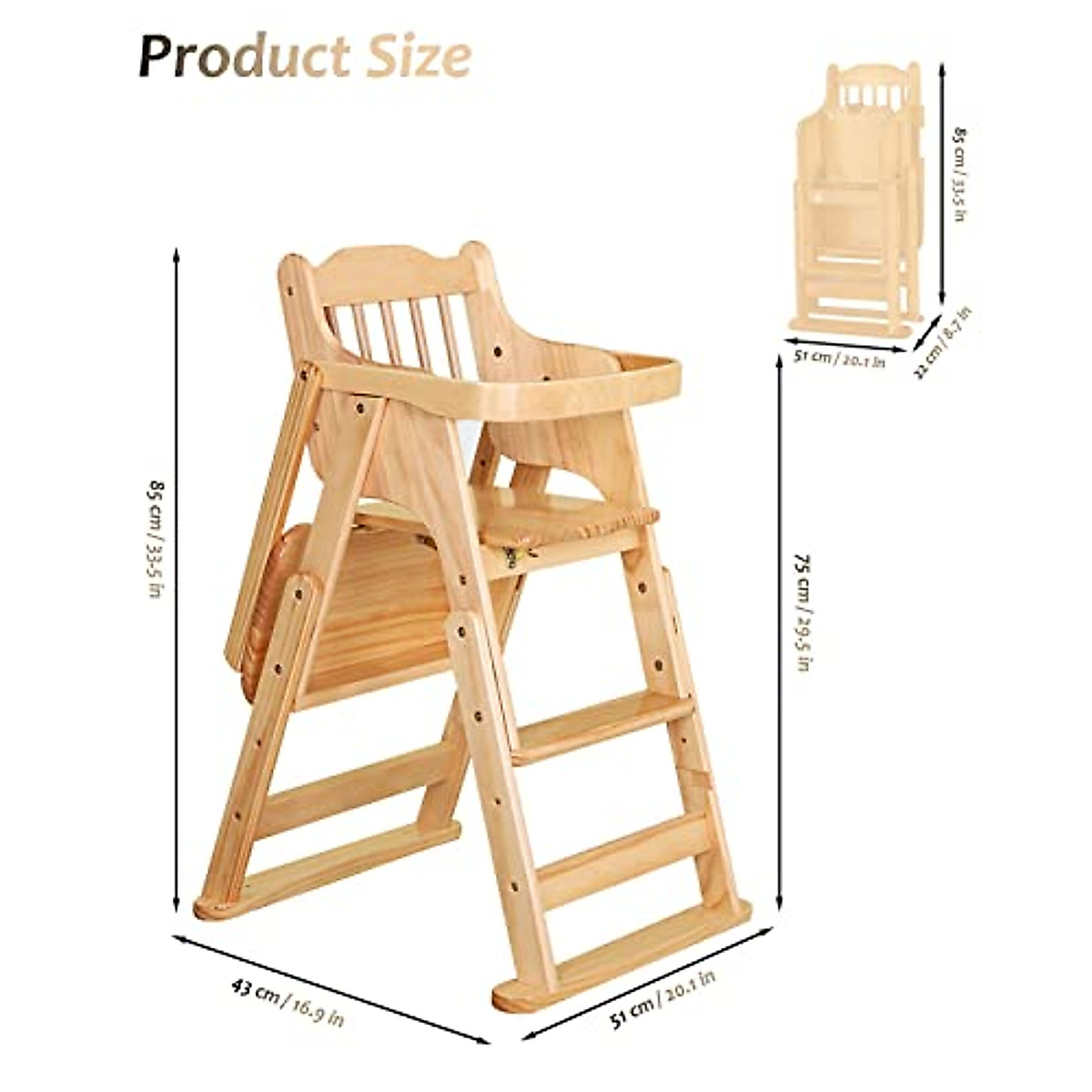 Wood High Chair with Tray, Baby Highchairs, Children High Stool Dining Chair for Babies and Toddlers Portable Kids Folding Chair with Safety Belt Adjustable Height (6 Months to 7 Years) (Color : A)