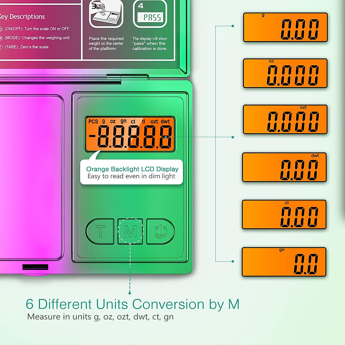 ORIA Digital Pocket Scale, 200g/0.01g Digital Gram Scale, Jewelry Scale, Food Scale, with 6 Units, LCD Display, Unique Colorful Design, Batteries Included