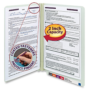 Smead End Tab Pressboard Fastener File Folder with SafeSHIELD Fasteners, 2 Fasteners, 2" Expansion, Legal Size, Gray/Green, 25 per Box (37715)