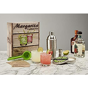 Margarita Cocktail Kit - Set of Rocks Glasses | Stainless Cocktail Shaker & Jigger | Citrus Squeezer | Rokz Lime Infused Margarita Salt | Recipe Cards. The Perfect Margarita Kit Gift Set!