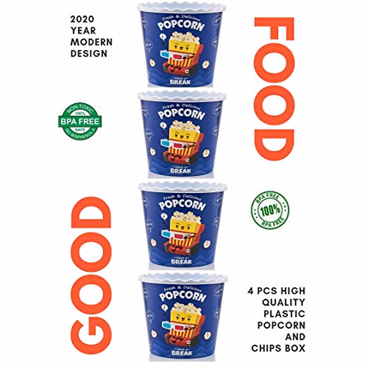 ONONEXPRESS Modern Style Reusable Plastic Popcorn Box / Popcorn Containers / Popcorn Bowls Set for Movie Theater Night - (BPA Free - BLUE 4 Pack-75 oz)