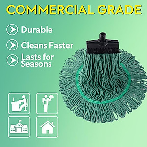 Matthew Large Heavy Duty Mop Head Commercial Replacement for General and Floor Cleaning, Screw-on Wet Industrial Cotton Looped End String Head Refill (Green 2Pack) w/Built-in Flexible Bristle Brush
