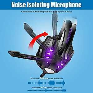 BENGOO Stereo Gaming Headset for PS4, PC, Xbox One Controller, Noise Cancelling Over Ear Headphones Mic, LED Light, Bass Surround, Soft Memory Earmuffs for Laptop Mac Nintendo Switch Games - Purple