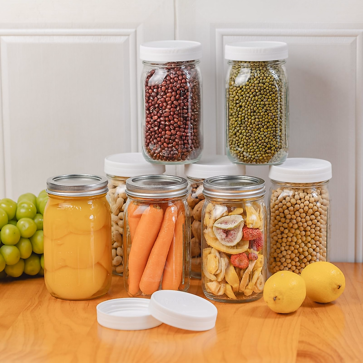 Yodecy 12 Pack 32 oz Clear Wide Mouth Mason Jars with Airtight Lids and White Plastic Mason Jar Lids, Canning Jars with Lids