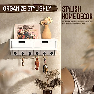 Rebee Vision Key Holder Wall Mount with Drawer Organizer: Mail Organizer with 6 Key Hooks & Dual Drawer Storage - Room Decor for Home and Apartment Essentials (Modern White)