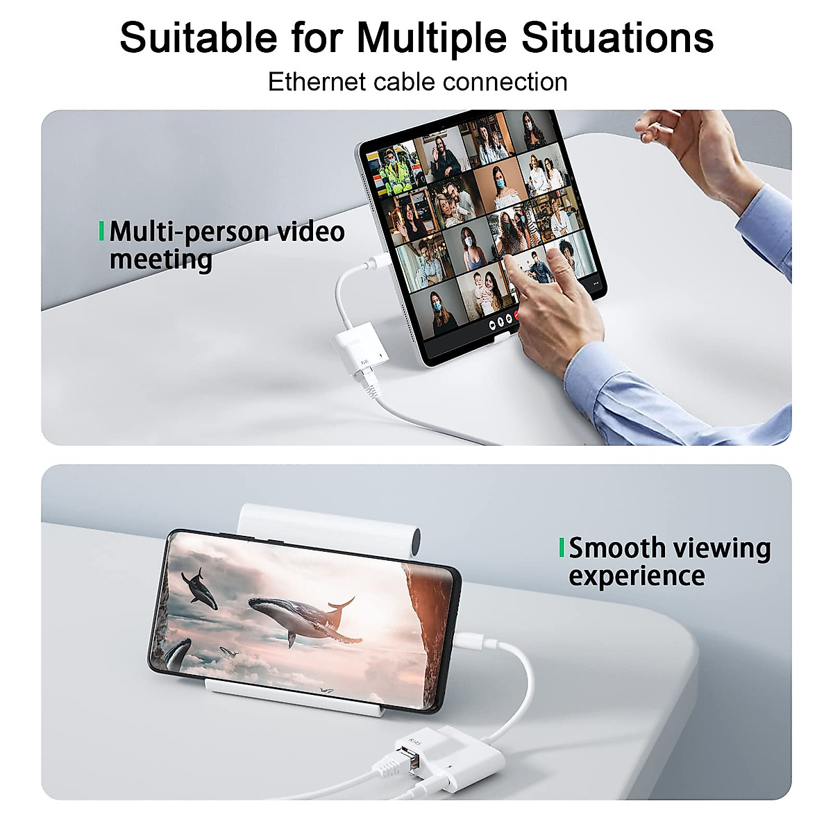 USB C to Ethernet Adapter, UWECAN 2 in 1 USB C to RJ45 Adapter with 60W PD Type-C Charge Port Supports 10/100Mbps Ethernet Network, Compatible for iPhone 15/16/Android/i-Pad Pro/Mac/Galaxy