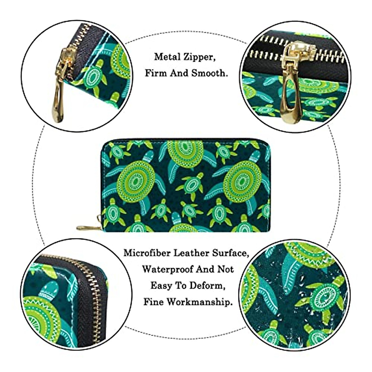 Leather Zip Long Wallet Green Cute Turtle Pattern Cartoon Personalise Purse