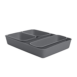 Superio Ribbed Collection - Decorative Plastic Desk Drawer Organizer Tray, Grey (Set of 5) Open Home Storage Bins Organizer Baskets, for Organizing Closet Shelves Drawer Shelf