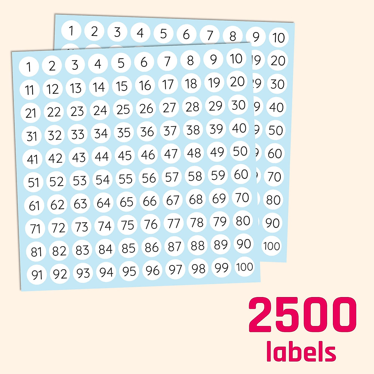 25 Sheets, 1 to 100, Number Stickers Labels - 0.4" Round, Pack of 2500