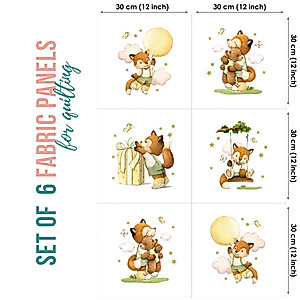 UNIQUE Cute Baby Fox Fabric Panel Set (6 Panels, 12x12in Each), Quilting Panels, Baby Quilt Panel, Cotton Baby Panel, Blanket Panels, Cotton Sateen Fabric Panel for Quilting