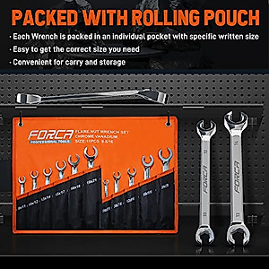 FORCA Flare Nut Wrench Set (11 Pcs Metric & SAE) 1/4" to 7/8" & 9-21mm, CR-V Steel Brake Line Wrench Set with Organizer Pouch