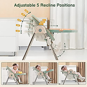 Ezebaby Baby High Chair, Portable High Chair with Adjustable Heigh and Recline, Foldable High Chair for Babies and Toddler with 4 Wheels, High Chair for Toddlers with Removable Tray-(Green)